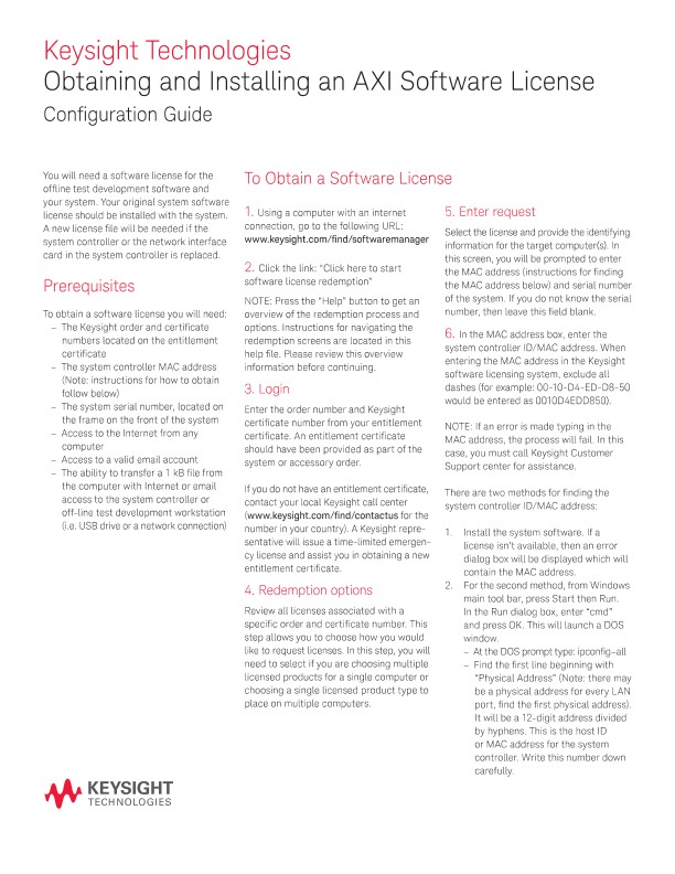 Obtaining and Installing an AXI Software License PDF Asset Page | Keysight